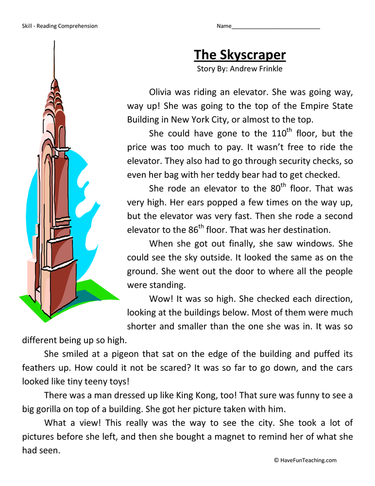 Skyscraper Reading Comprehension Worksheet by Teach Simple