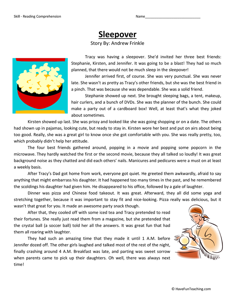 Sleepover Reading Comprehension Worksheet by Teach Simple