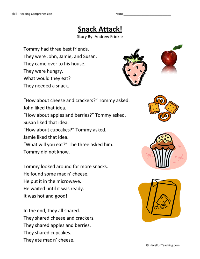 Snack Attack Reading Comprehension Worksheet by Teach Simple