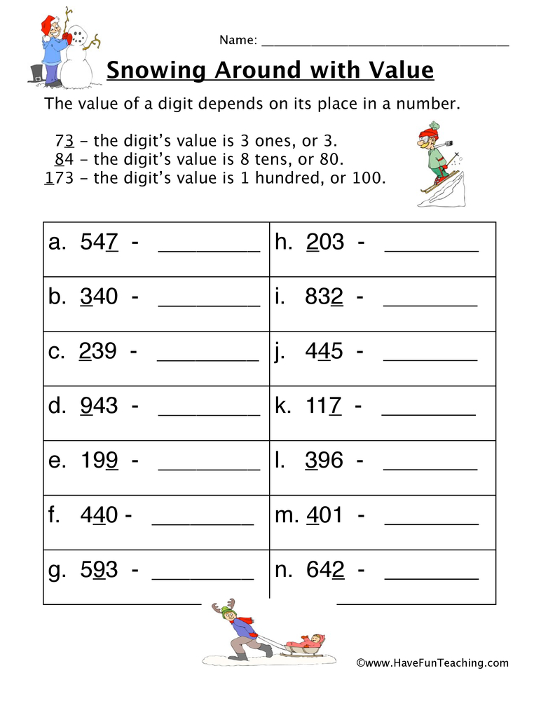 Snow Place Value Worksheet by Teach Simple