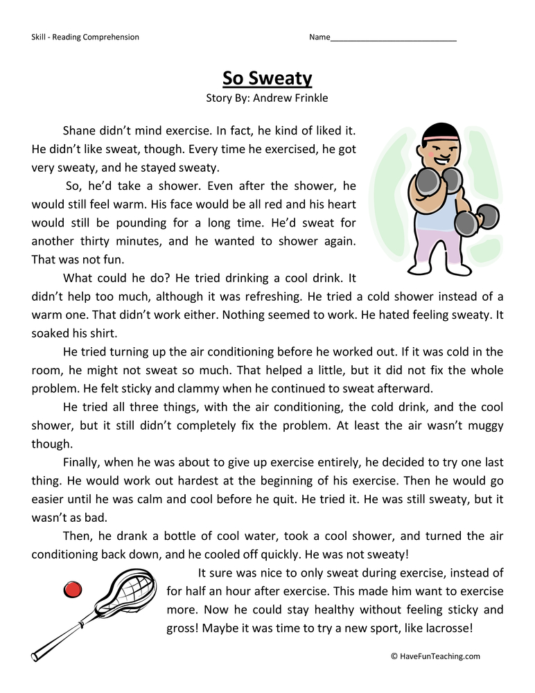 So Sweaty Reading Comprehension Worksheet by Teach Simple