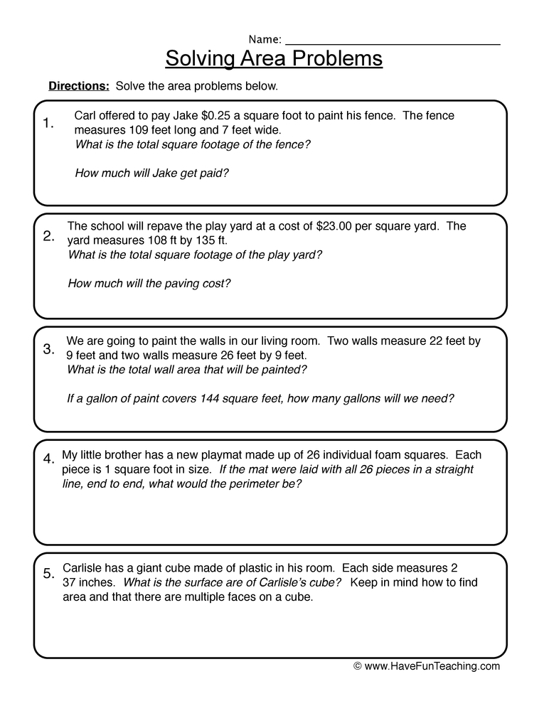 Solving Area Scenarios Worksheet by Teach Simple