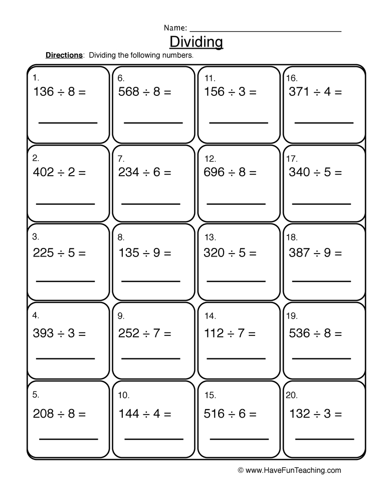 Solving Dividing 1 into 3 Digit Worksheet by Teach Simple