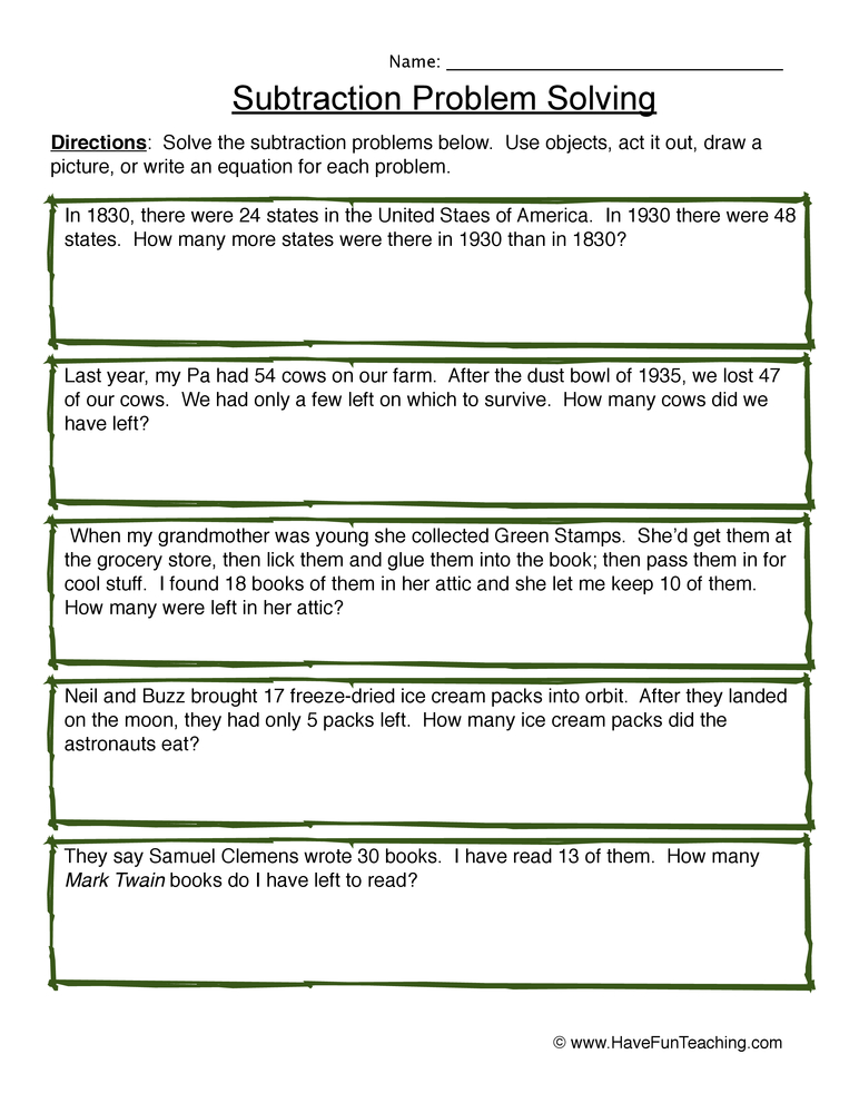 Solving Subtraction Word Problems Worksheet by Teach Simple