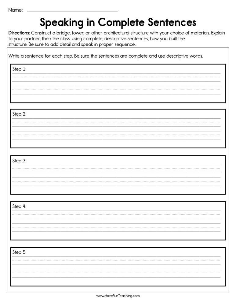 Speaking in Complete Sentences Worksheet by Teach Simple