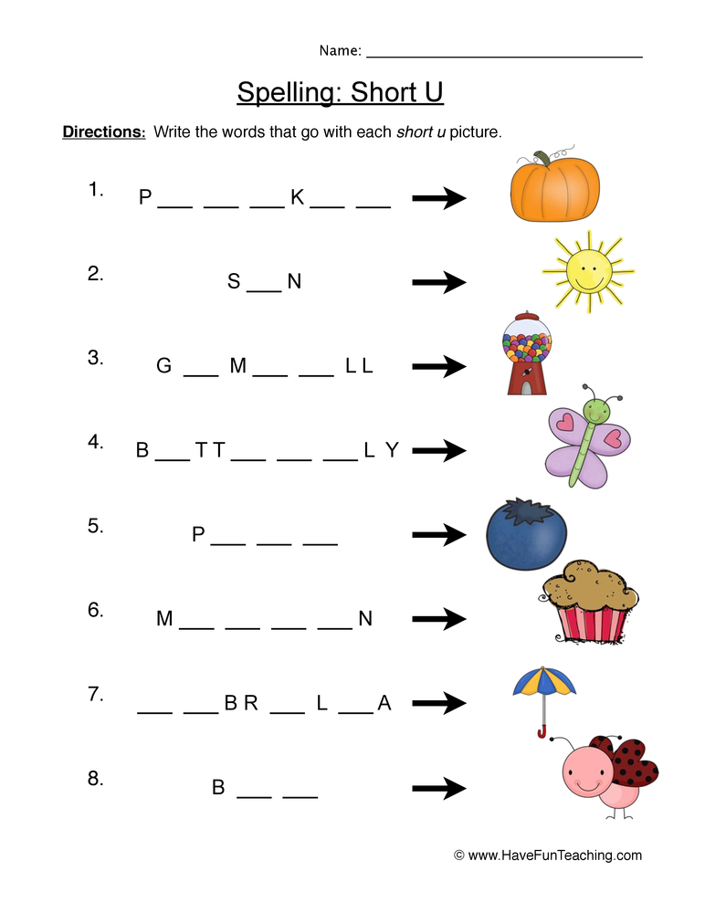 Spelling Short U Worksheet by Teach Simple
