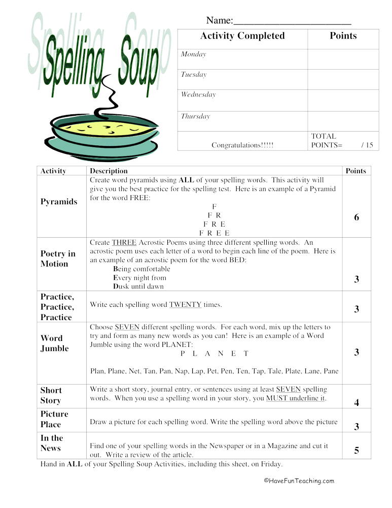 Spelling Soup Intermediate Daily Worksheet by Teach Simple