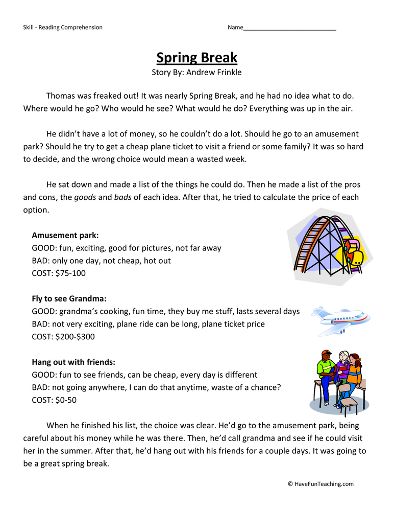 Spring Break Reading Comprehension Worksheet by Teach Simple