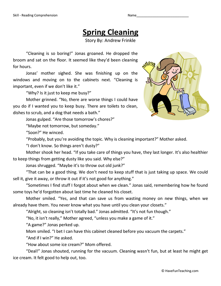 Spring Cleaning Reading Comprehension Worksheet by Teach Simple