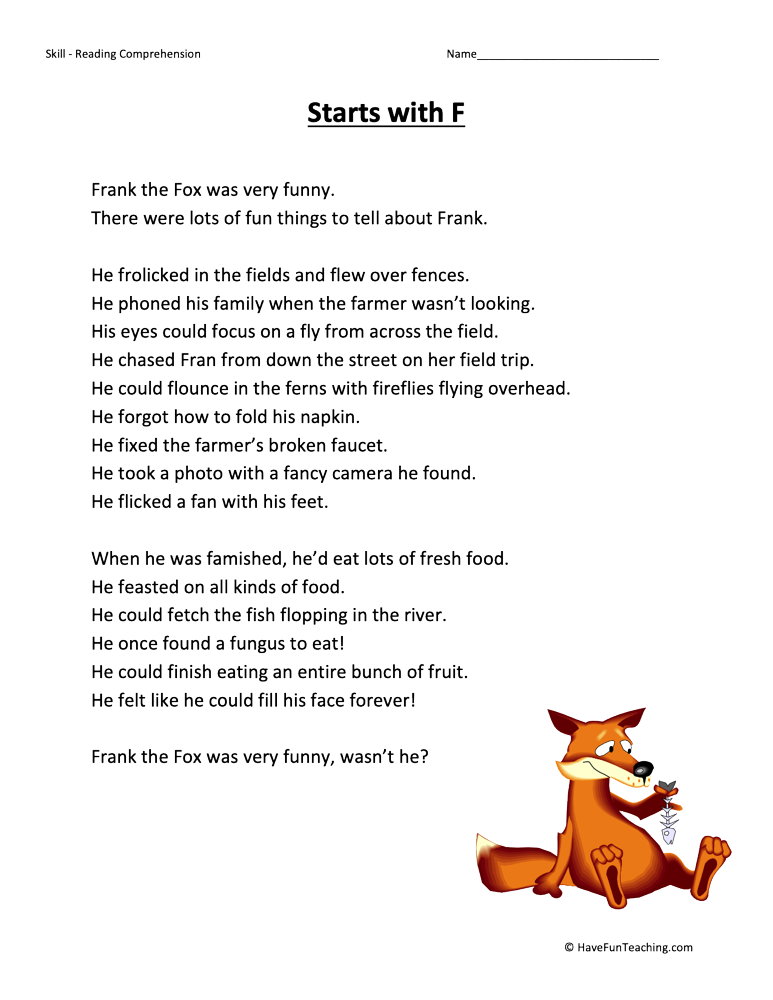 Starts With F Reading Comprehension Worksheet by Teach Simple