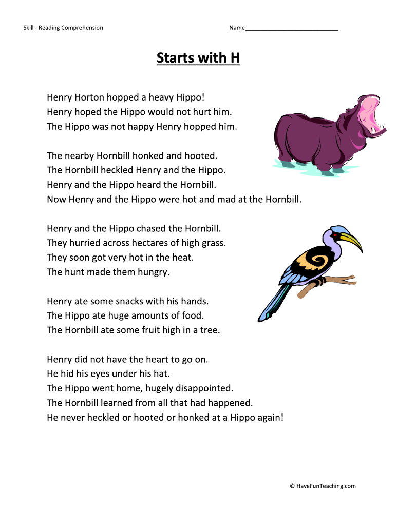 Starts With H Reading Comprehension Worksheet by Teach Simple