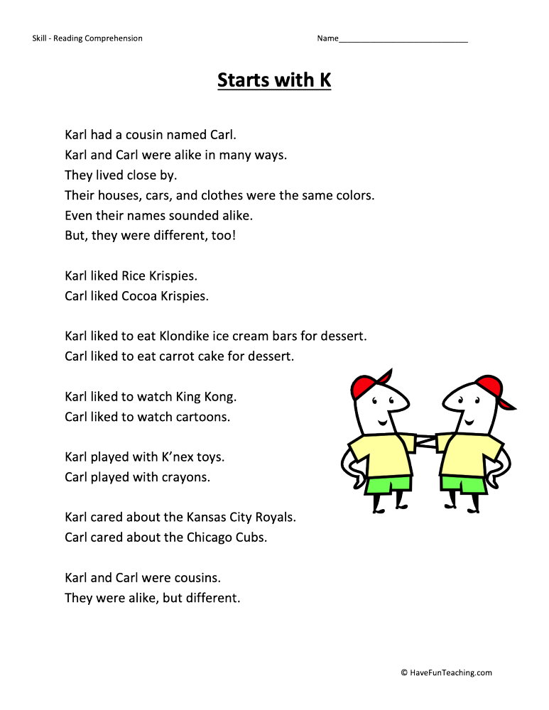 Starts With K Reading Comprehension Worksheet by Teach Simple