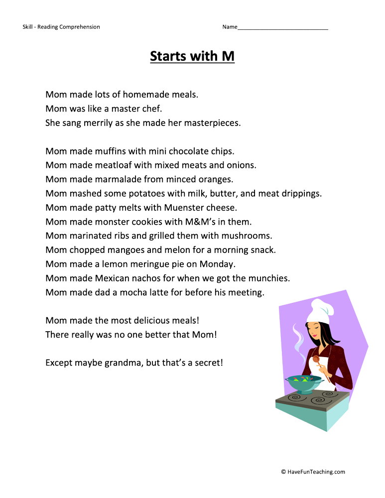 Starts With M Reading Comprehension Worksheet by Teach Simple