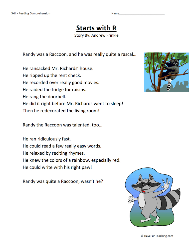 Starts With R Reading Comprehension Worksheet by Teach Simple