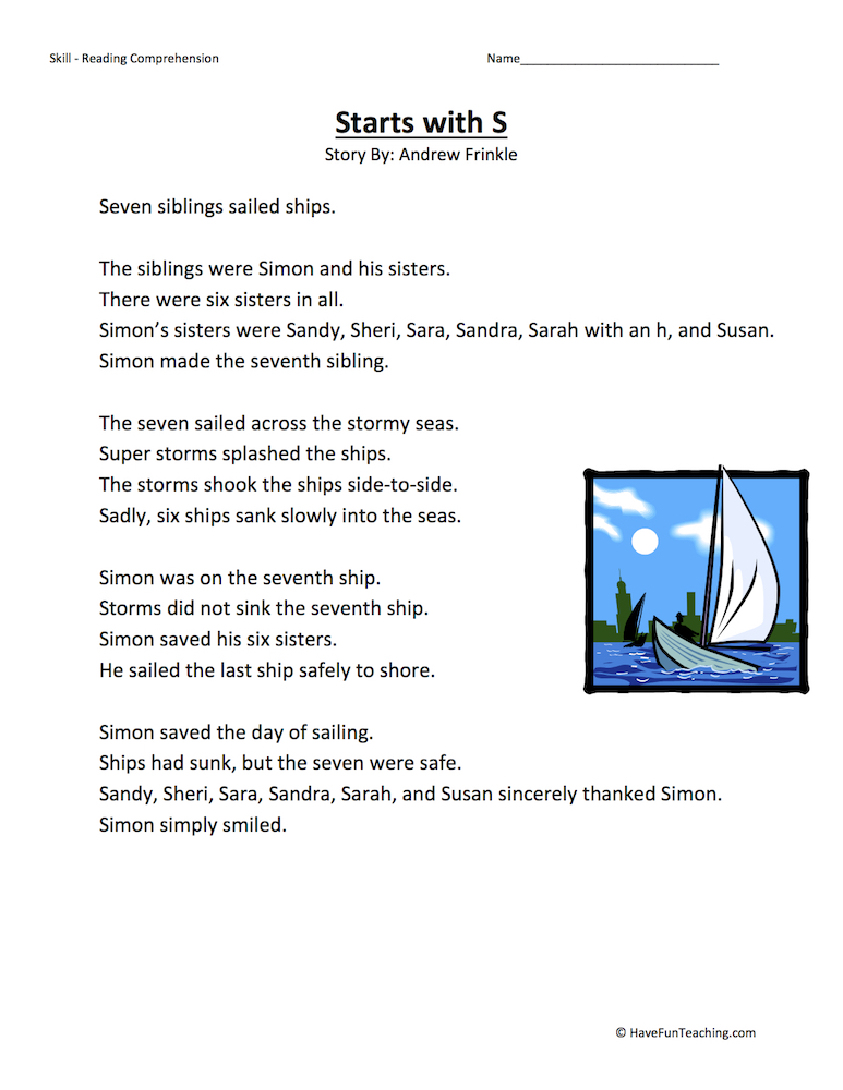Starts With S Reading Comprehension Worksheet by Teach Simple