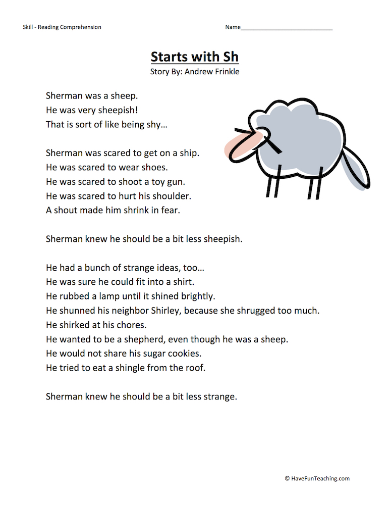 Starts With SH Reading Comprehension Worksheet by Teach Simple