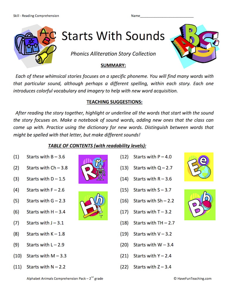 Starts With Sounds Reading Comprehension Test Collection by Teach Simple