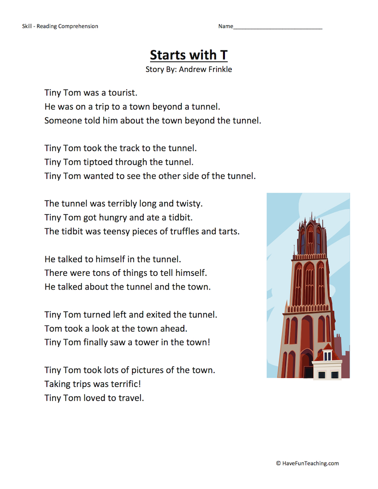 Starts With T Reading Comprehension Worksheet by Teach Simple