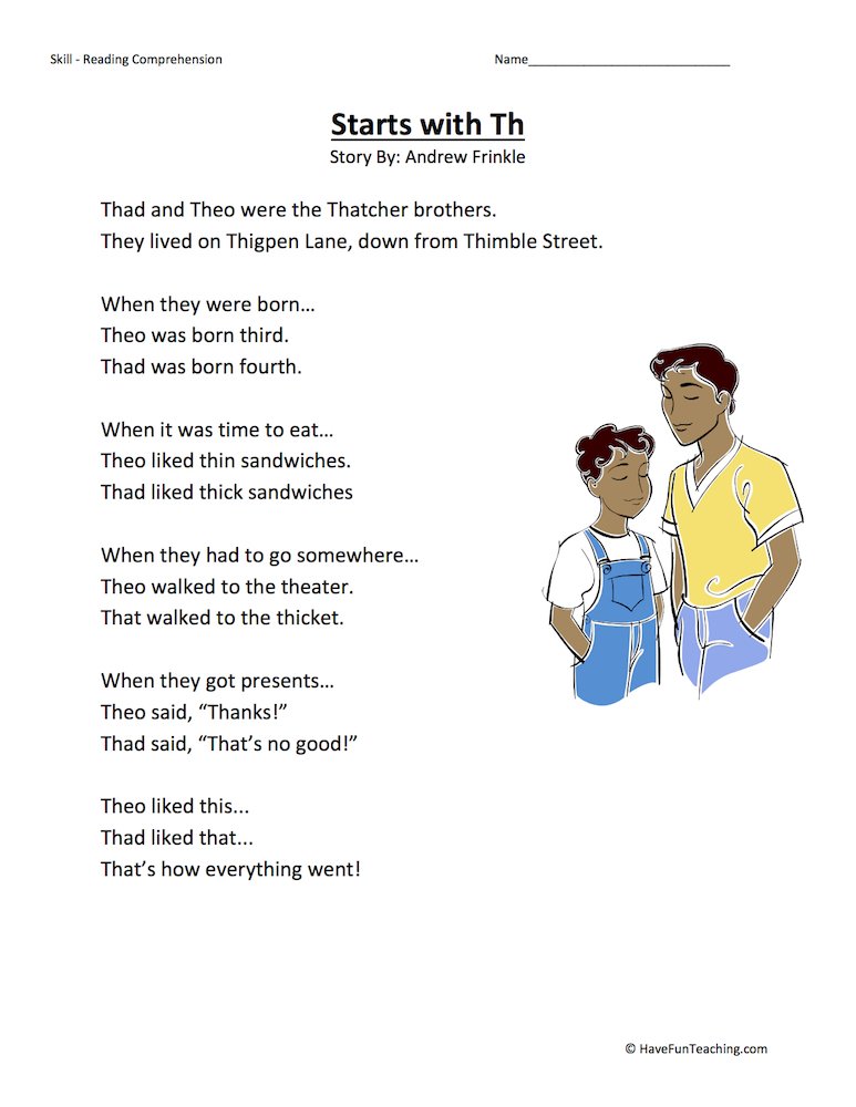 Starts With TH Reading Comprehension Worksheet by Teach Simple