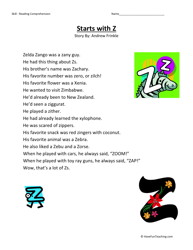 Starts With Z Reading Comprehension Worksheet by Teach Simple