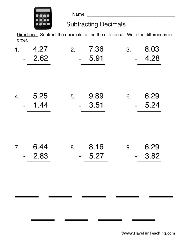 Subtracting Decimals Worksheet by Teach Simple