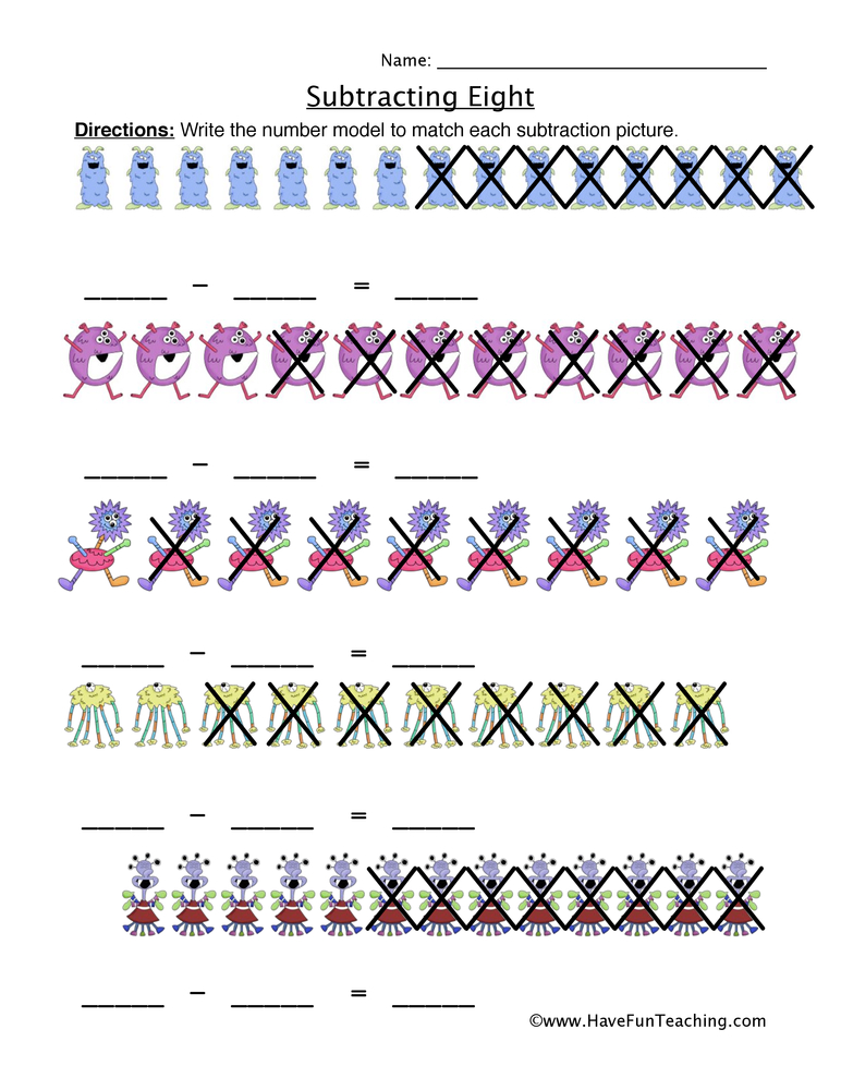 Subtracting Eight Writing Equations Worksheet by Teach Simple