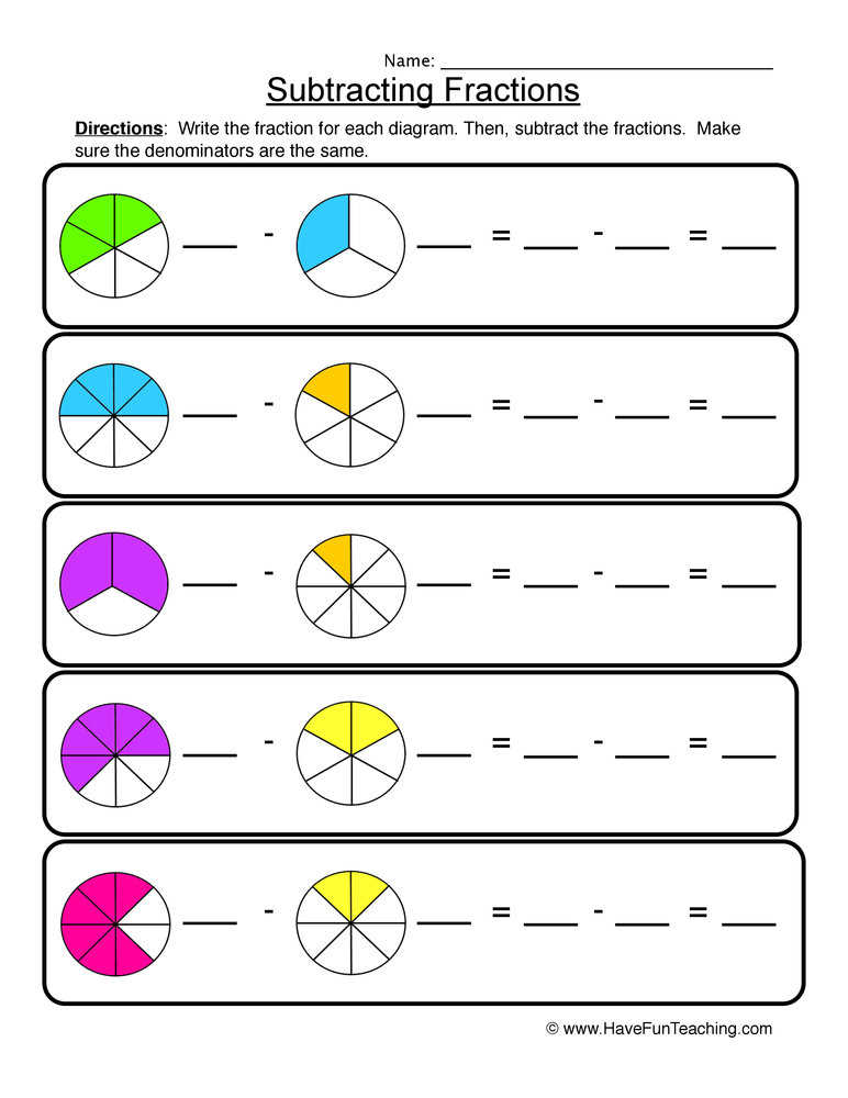 Subtracting Fractions Pictures Worksheet by Teach Simple