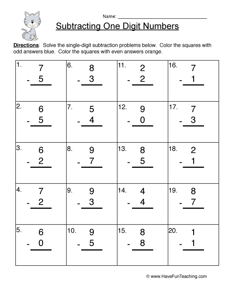 Subtracting One Digit Numbers Worksheet by Teach Simple