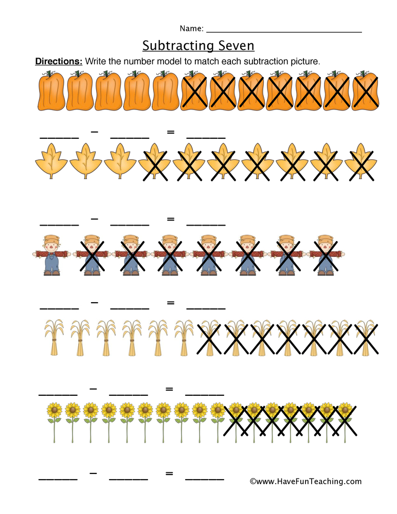 Subtracting Seven Writing Equations Worksheet by Teach Simple