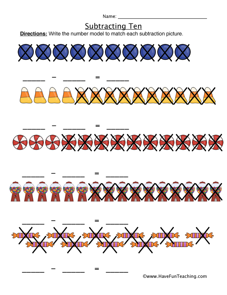 Subtracting Ten Writing Equations Worksheet by Teach Simple