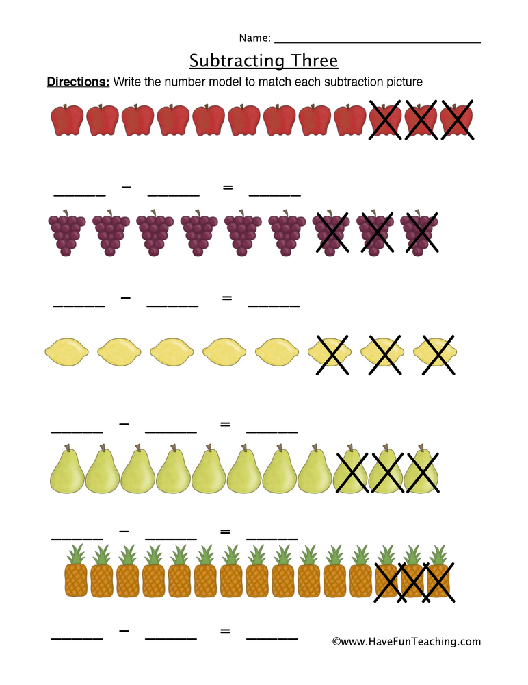Subtracting Three Writing Equations Worksheet by Teach Simple