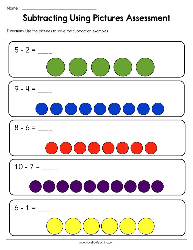 Subtracting Using Pictures Assessment Worksheet by Teach Simple