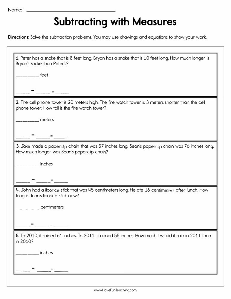 Subtracting with Measures Worksheet by Teach Simple
