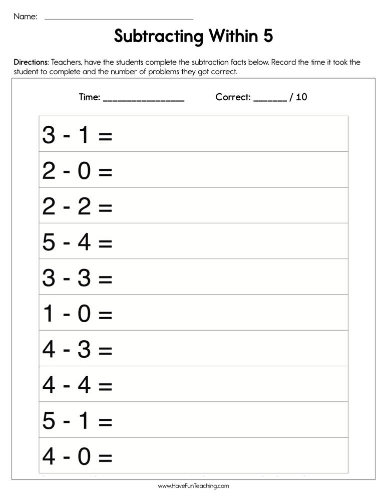 Subtracting Within 5 Worksheet by Teach Simple