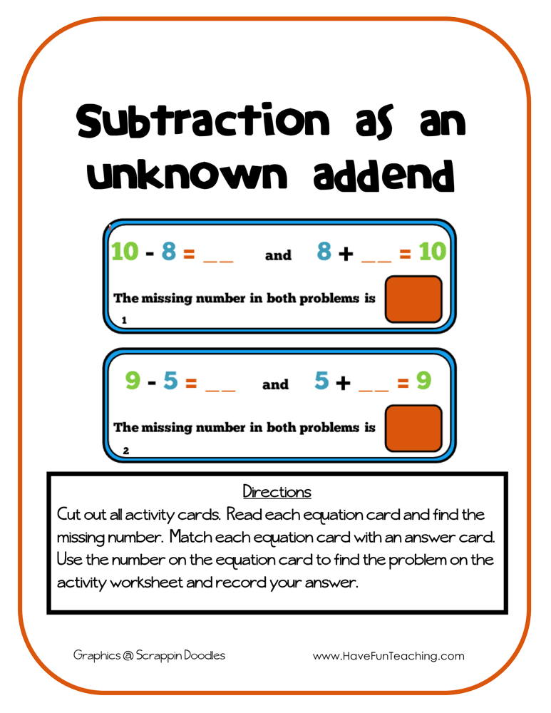 Subtraction as an Unknown Addend Activity by Teach Simple