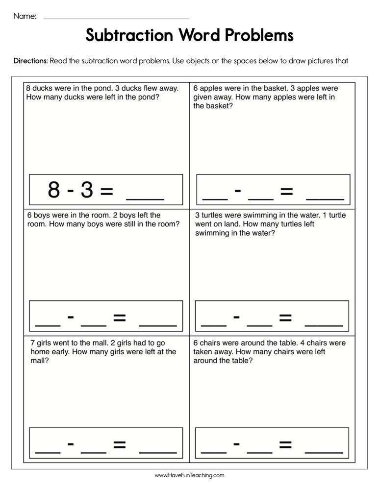 Subtraction Equations Word Problems Worksheet by Teach Simple