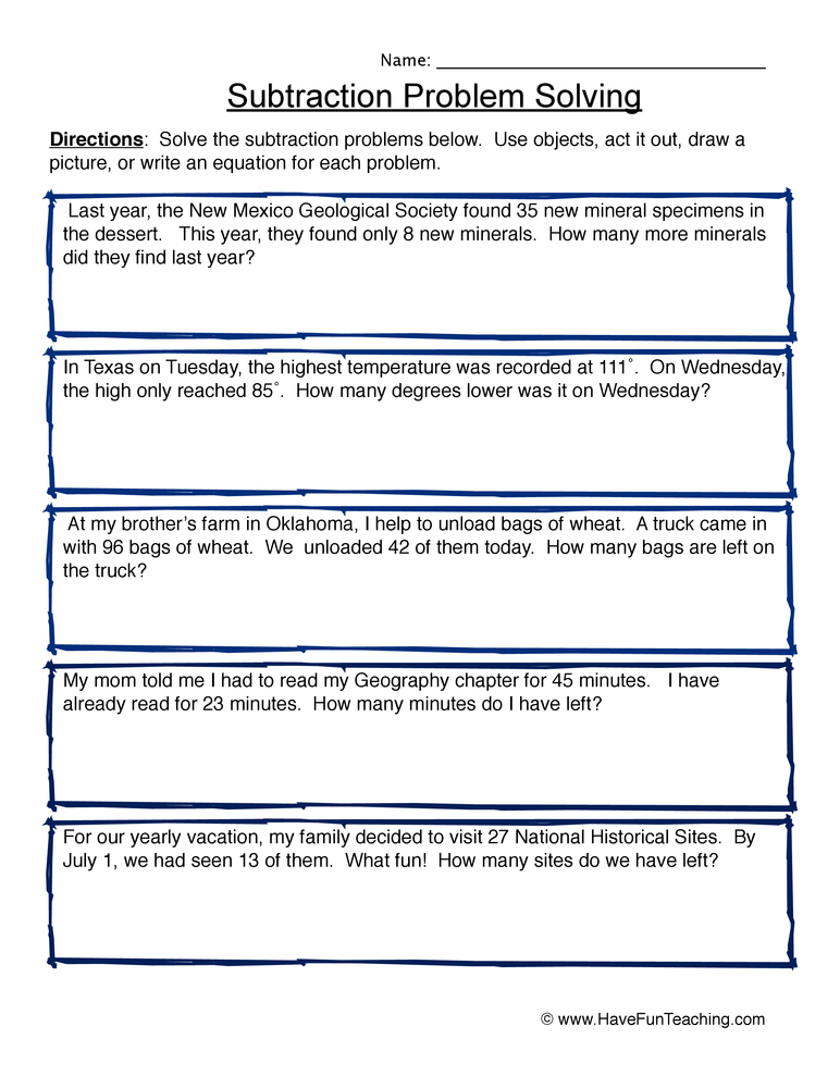 Subtraction Word Problem Solving Worksheet by Teach Simple