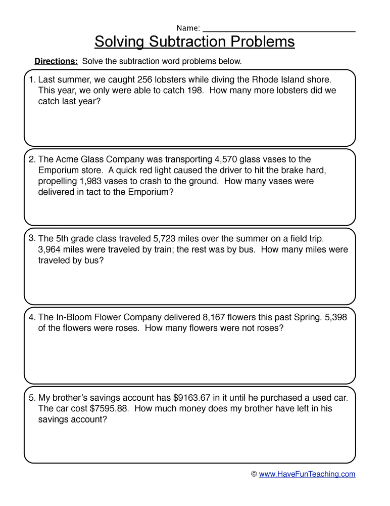 Subtraction Word Problems Worksheet by Teach Simple