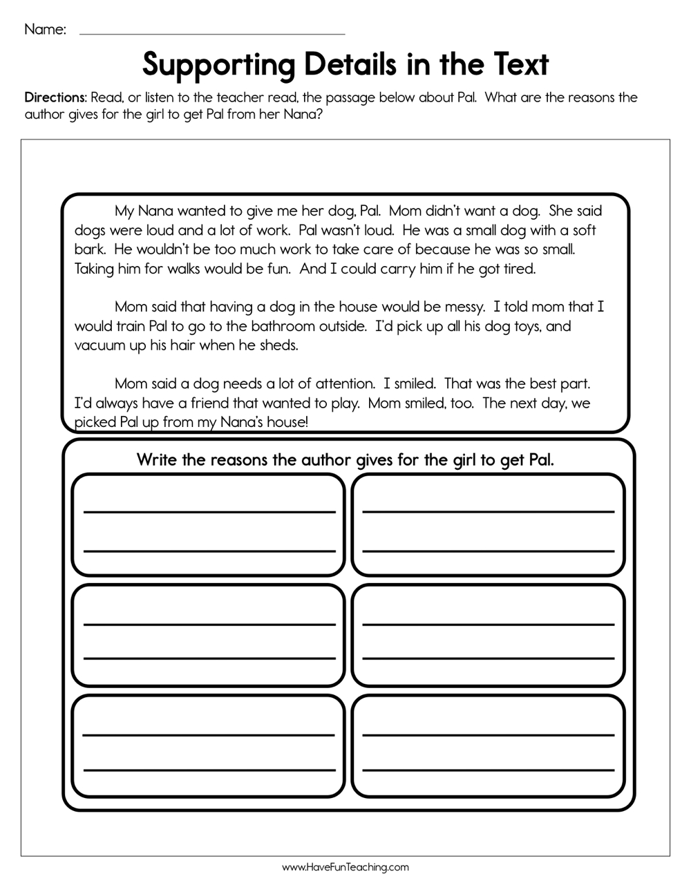 Supporting Details in the Text Worksheet by Teach Simple
