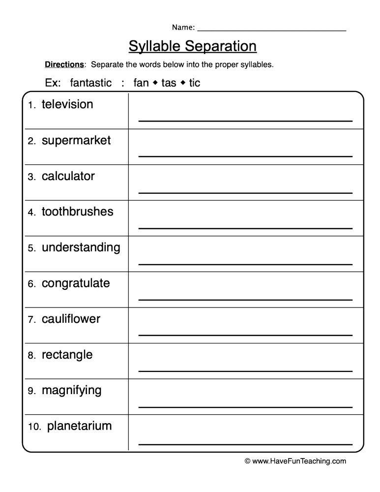 Syllables Separation Worksheet by Teach Simple