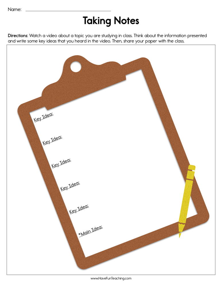 Taking Notes Worksheet by Teach Simple