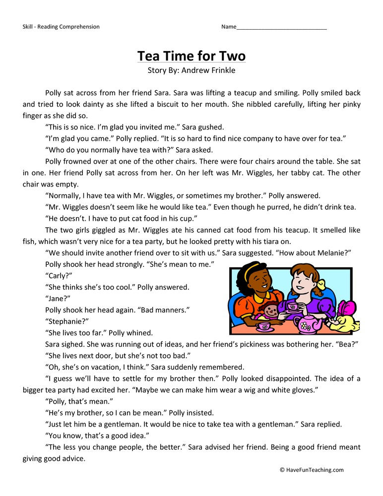 Tea Time for Two Reading Comprehension Worksheet by Teach Simple