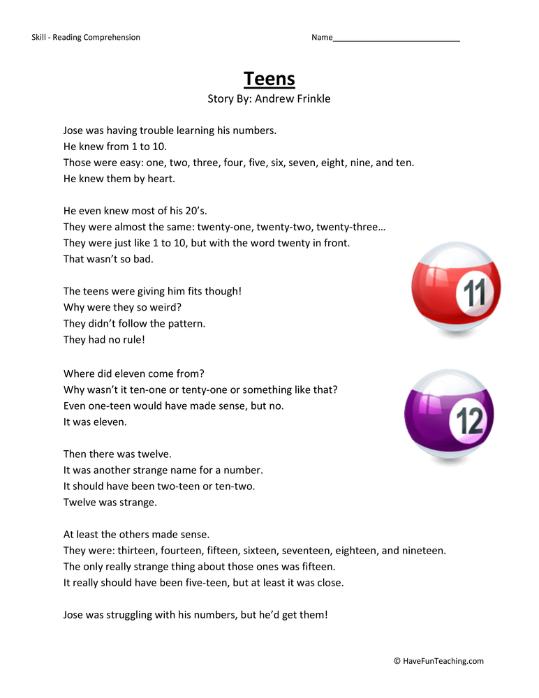 Teens Reading Comprehension Worksheet by Teach Simple