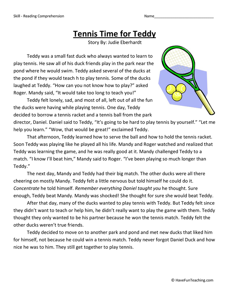 Tennis Time for Teddy Reading Comprehension Worksheet by Teach Simple