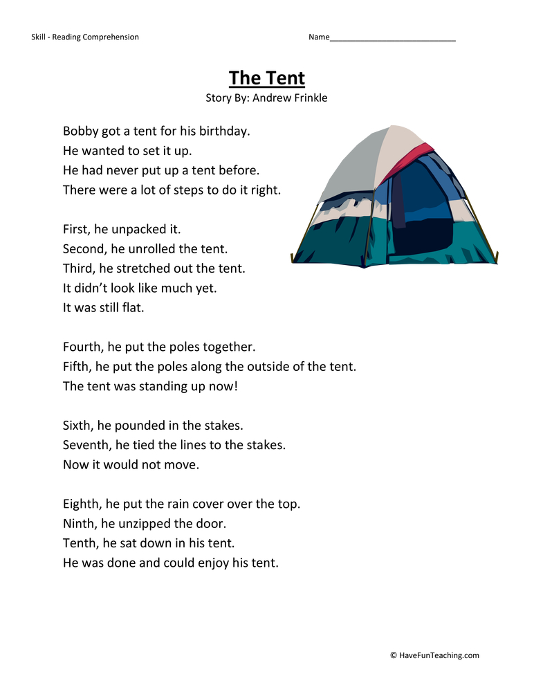 Tent Reading Comprehension Worksheet by Teach Simple