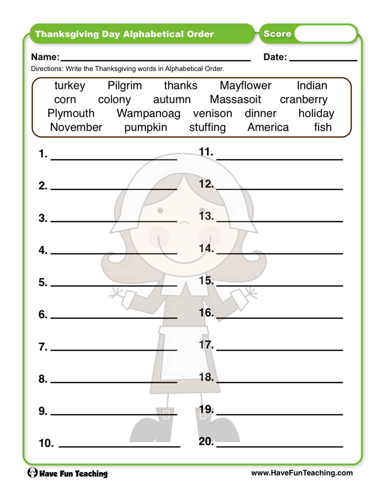 Thanksgiving Day Alphabetical Order Worksheet by Teach Simple