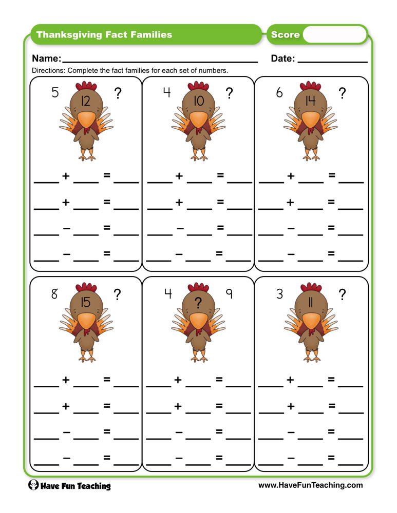 Thanksgiving Fact Families Worksheet by Teach Simple