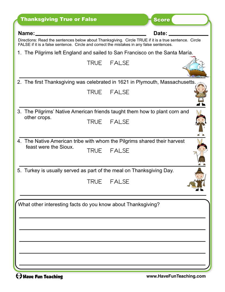 Thanksgiving True or False Worksheet by Teach Simple