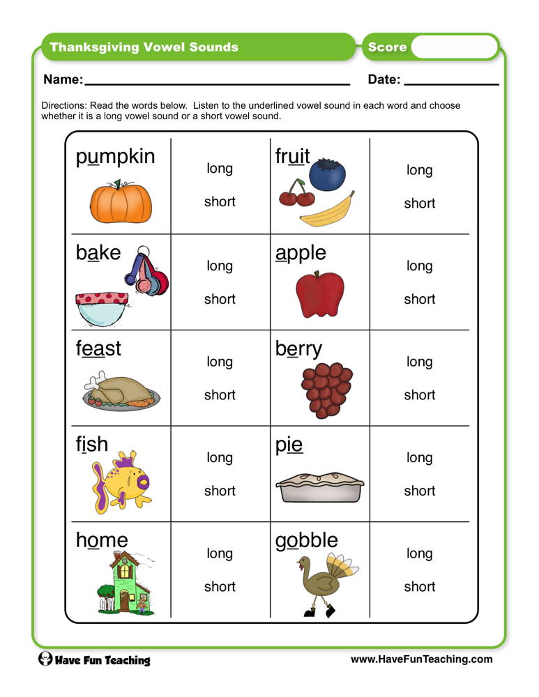 Thanksgiving Vowel Sounds Worksheet by Teach Simple