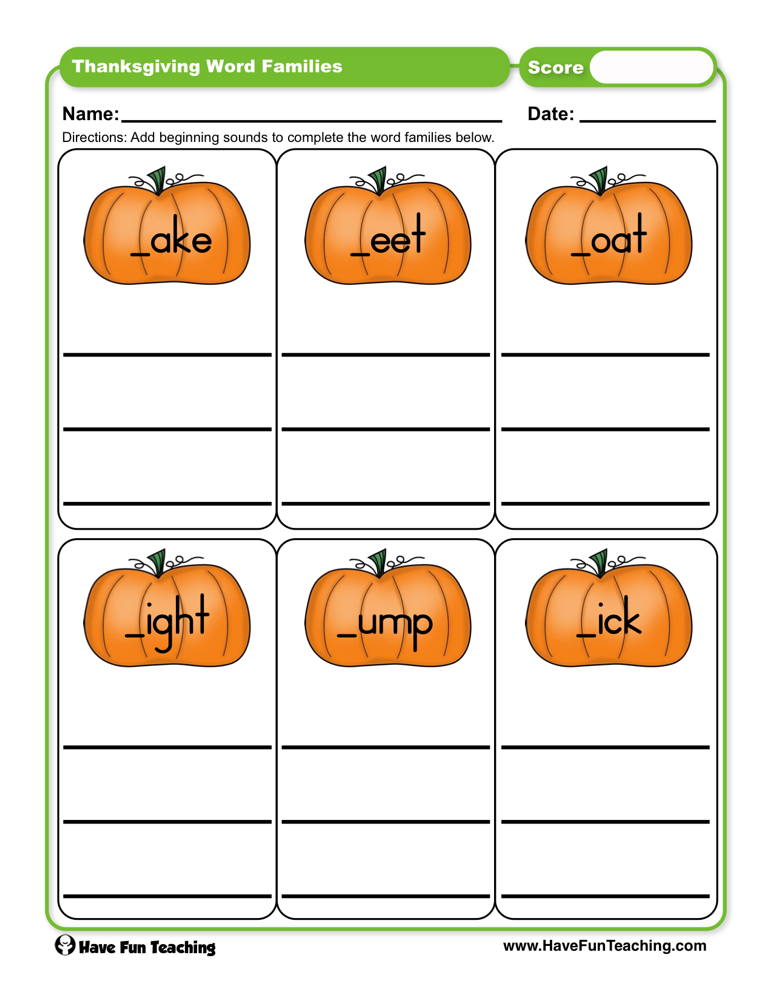 Thanksgiving Word Families Worksheet by Teach Simple